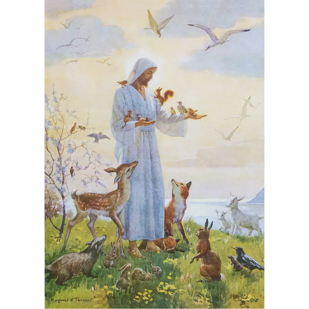Postkarte Jesus mit Tieren – der gute Heinrich